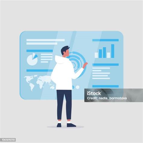 젊은 남성 천년 문자 블루 투명 미래의 화면을 모니터링 개념적 미래의 기술 평면 편집 가능한 벡터 일러스트 레이 션 클립 아트 그래프에 대한 스톡 벡터 아트 및 기타 이미지