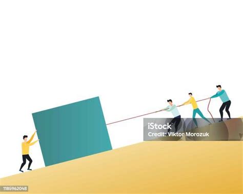 비즈니스 팀워크와 리더 벡터 개념 큐브 오르막을 당기는 사업가와 여성 리더십 동기 부여 야망 팀 노력 성장 및 성공의 상징 Eps10 그림 개념에 대한 스톡 벡터 아트 및
