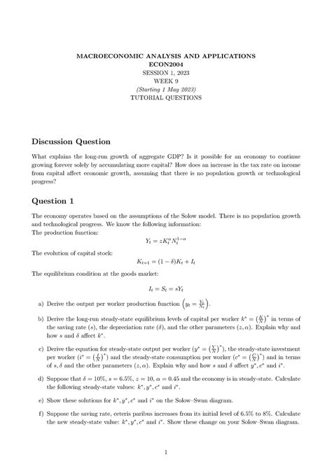 Week9 Tutorial Questions Macroeconomic Analysis And Applications Econ Session 1 2023 Week 9