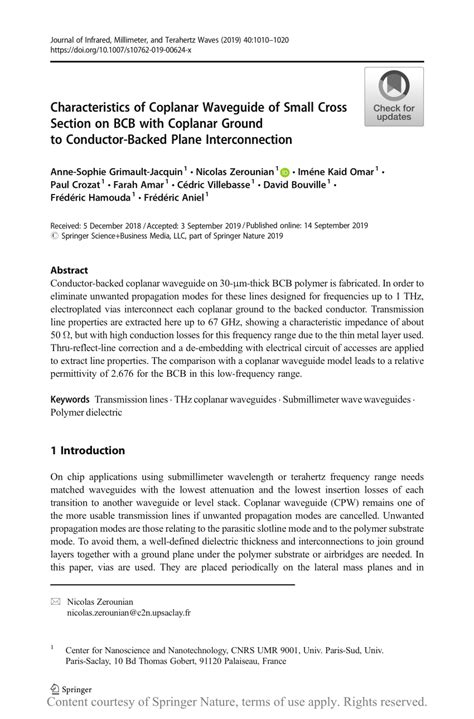 Characteristics Of Coplanar Waveguide Of Small Cross Section On Bcb With Coplanar Ground To