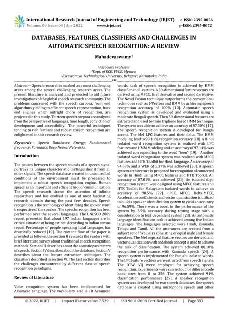 databases features classifiers and challenges in automatic speech