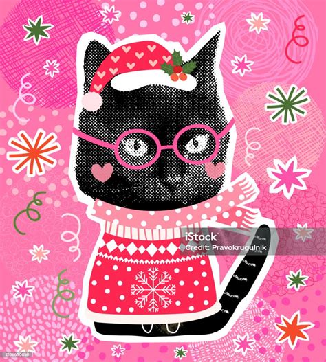 못생긴 크리스마스 스웨터 산타 모자 스카프 분홍색 안경 하프 톤 콜라주 스타일의 휴일 포스터 배너 또는 인사말 카드와 재미 있는