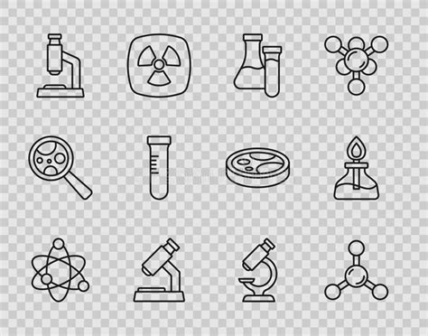 Set Line Atom Molecule Test Tube Microscope And Alcohol Or Spirit Burner Icon Vector Stock