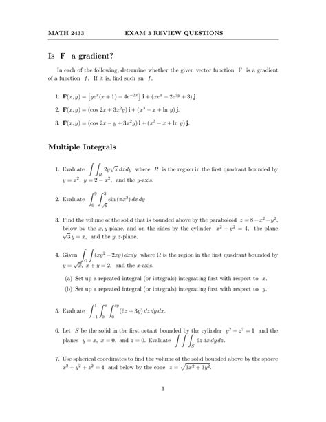 Calculus Iii Exam 3 Review Questions Math 2433 Docsity