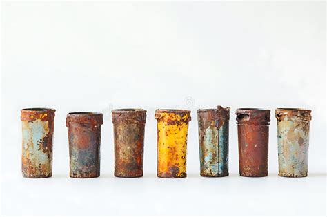 A Row Of Rusty Metal Containers On A White Background Stock