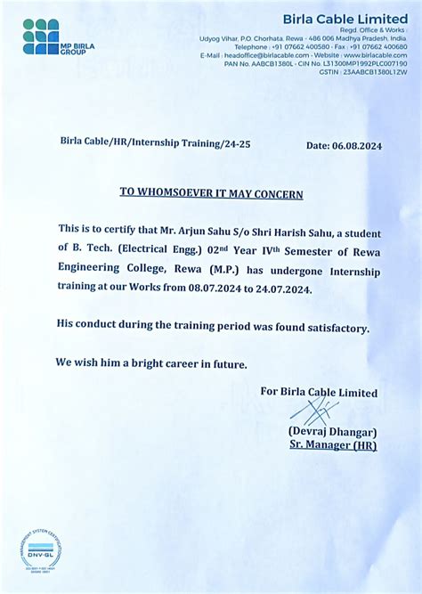 Internshipexperience Electricalengineering Birlacablelimited… Arjun Sahu
