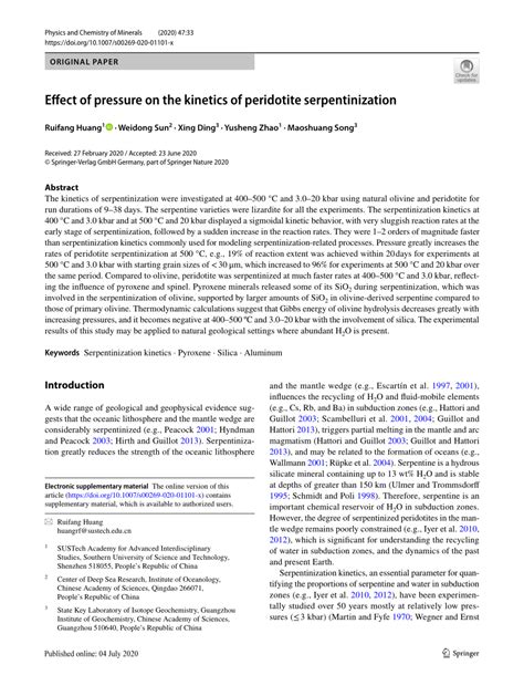 Pdf Effect Of Pressure On The Kinetics Of Peridotite Serpentinization