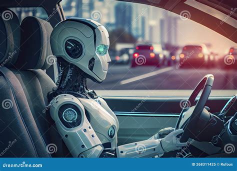 Humanoid Robot Driving Autonomous Car Future Technology Concept Stock