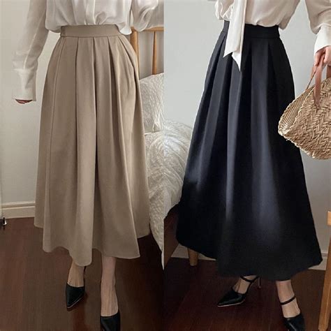 오브 핀턱 주름 뒷밴딩 플레어 롱스커트 4컬러