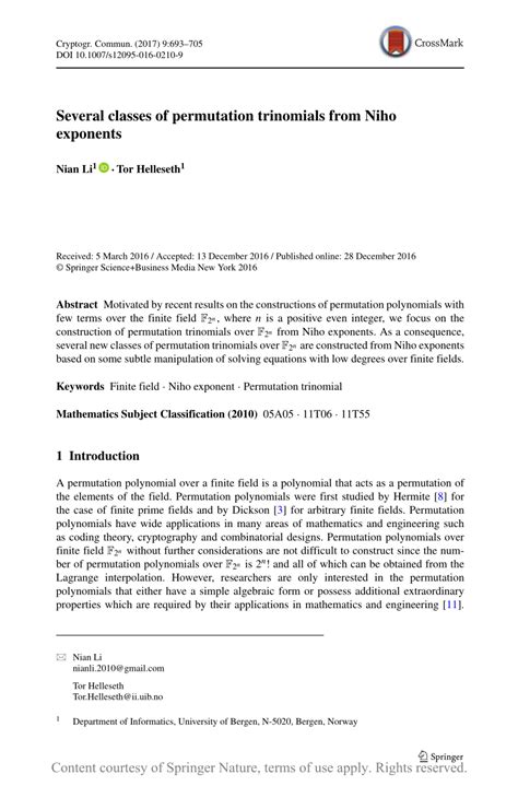 Several Classes Of Permutation Trinomials From Niho Exponents Request Pdf