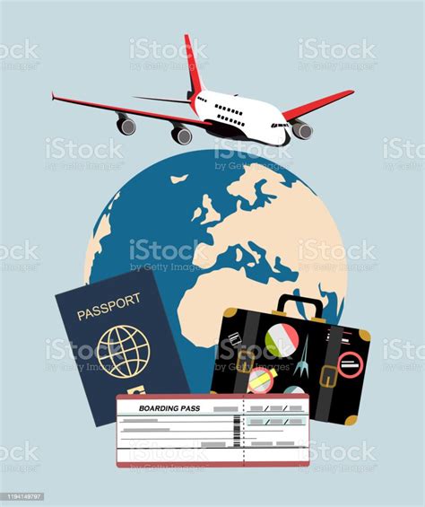 여행 및 관광 개념 펑키 스티커와 세계지도 민간 비행기 관광 및 계획 벡터 일러스트와 항공 티켓 여권 및 여행 가방 여행 개념 가방에 대한 스톡 벡터 아트 및 기타 이미지