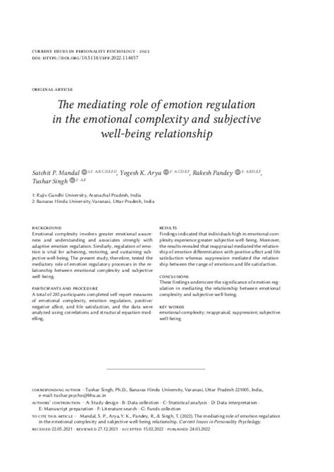 Pdf The Mediating Role Of Emotion Regulation In The Emotional Complexity And Subjective Well