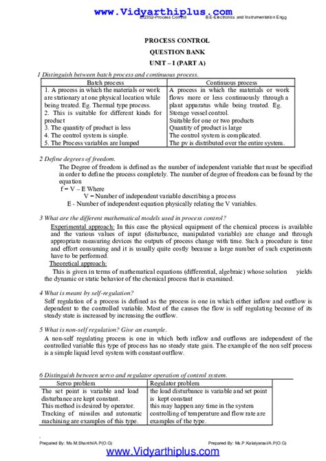 Pdf Process Control Question Bank Unit I Part A
