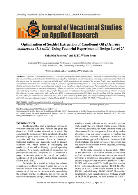 Pdf Optimization Of Soxhlet Extraction Of Candlenut Oil Aleurites Moluccana L Willd Using