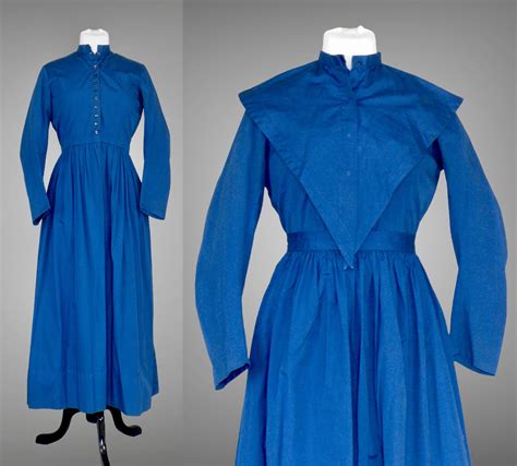 Antique 1900s Blue Mennonite Dress With Split Cape And Apron 3pc