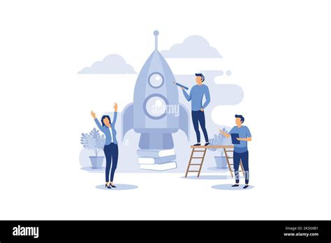 People Are Building A Spaceship Rocket Cohesive Teamwork In The Startup Flat Vector