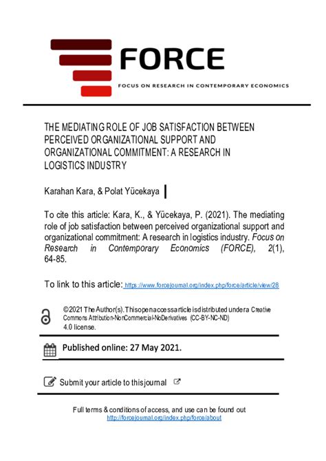 Pdf The Mediating Role Of Job Satisfaction Between Perceived Organizational Support And