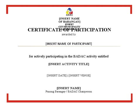 Badac Template Certificate Of Participation Pdf