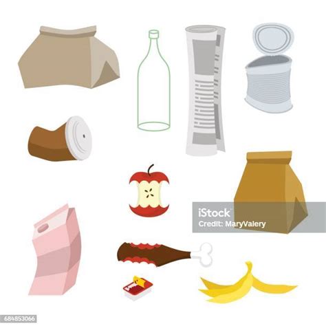 垃圾圖示集合垃圾設置垃圾的標誌凋落物的符號剝香蕉和存根 Stub錫和舊報紙骨和包裝弄皺的紙和塑膠瓶向量圖形及更多乾淨圖片 Istock