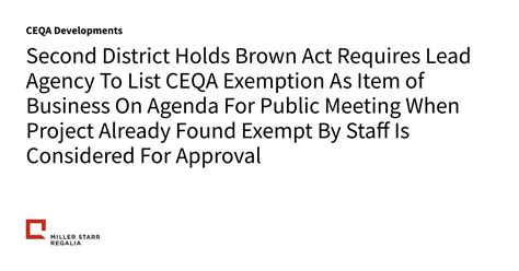 Second District Holds Brown Act Requires Lead Agency To List CEQA Exemption As Item Of Business