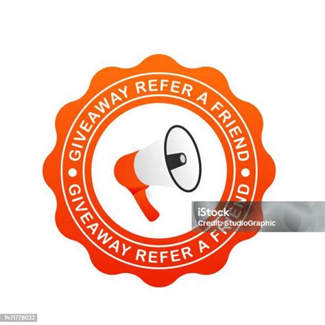 경품 트렌디 한 선형 라벨 로고 개념 라우드 스피커 아이콘이 있는 친구 로고를 참조하십시오 경품 라벨 소셜 미디어에 대한 스탬프 벡터 일러스트레이션 배너 표지판에 대한 스톡