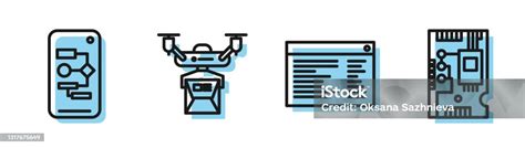 세트 라인 소프트웨어 웹 개발자 프로그래밍 코드 알고리즘 무인 항공기 배달 개념 및 전자 컴퓨터 구성 요소 마더 보드 디지털 칩 아이콘 벡터 Cpu에 대한 스톡 벡터 아트