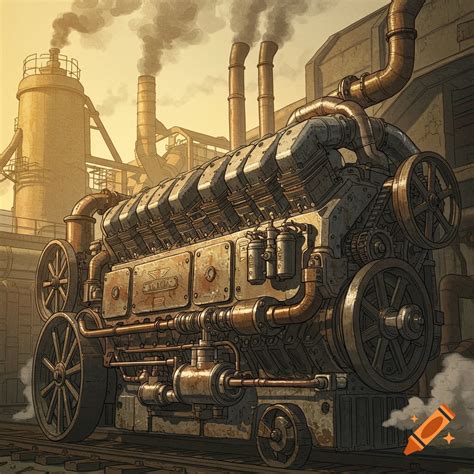 A Detailed Steampunk Engine With Intricate Brass Gears Pipes And Cylinders Emitting Steam