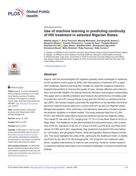 Pdf Use Of Machine Learning In Predicting Continuity Of Hiv Treatment In Selected Nigerian States
