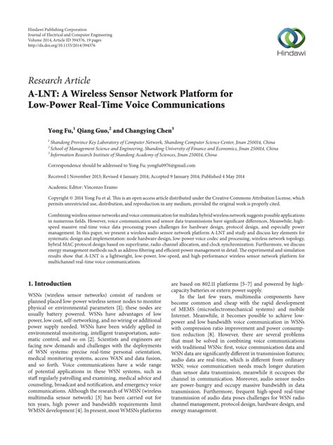 Pdf A Lnt A Wireless Sensor Network Platform For Low Power Real Time Voice Communications