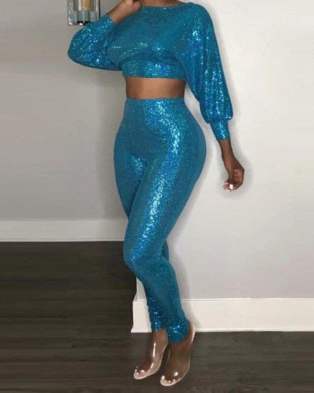Sequins Lantern Sleeve Crop Top And Slinky Pant Sets