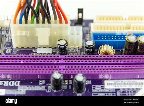 Cables Connected To A Ddr Slots On Computer Motherboard Close Up Stock