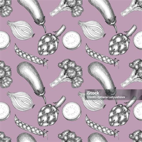 아티 초크 가지 양파 완두콩 야채의 이미지와 원활한 패턴 그래픽 일러스트는 손으로 그려집니다 엽서 명단 직물 인쇄를 위한 디자인