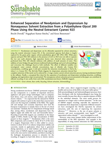 Dewulf Et Al 2020 Enhanced Separation Of Neodymium And Dysprosium By Nonaqueous Solvent
