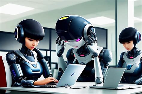 Premium Ai Image Woman Robot Working With Laptop In The Office Instead Of Humans
