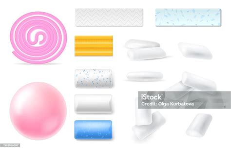 패드 츄잉 껌 사실적인 다른 맛과 모양 풍선 껌 패드 접시 뒤틀린 나선형 거미 사탕 멘톨과 달콤한 맛 치과 건강 구강 신선도 벡터 고립 세트 풍선껌에 대한 스톡 벡터 아트