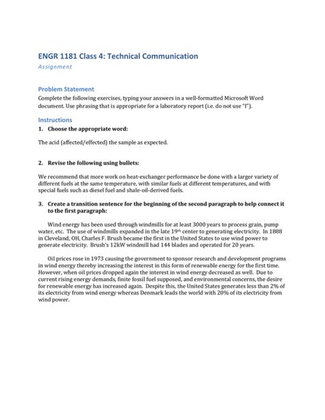 Engr 1181 Class 4 Technical Communication Assignment