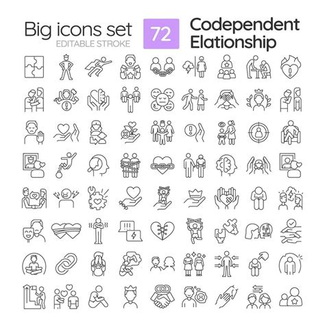 2d Editable Black Thin Line Big Icons Set Representing Codependent Relationship Isolated Vector