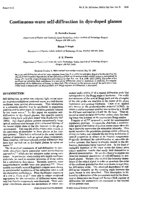 Pdf Continuous Wave Self Diffraction In Dye Doped Glasses