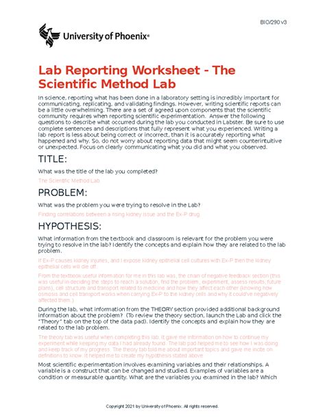 Scientific Method Lab Report Bio 290 V Lab Reporting Worksheet The Scientific Method Lab In
