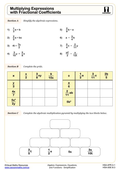 Multiplying Expressions with Fractional Coefficients Worksheet | Fun and Engaging Algebra I PDF ...