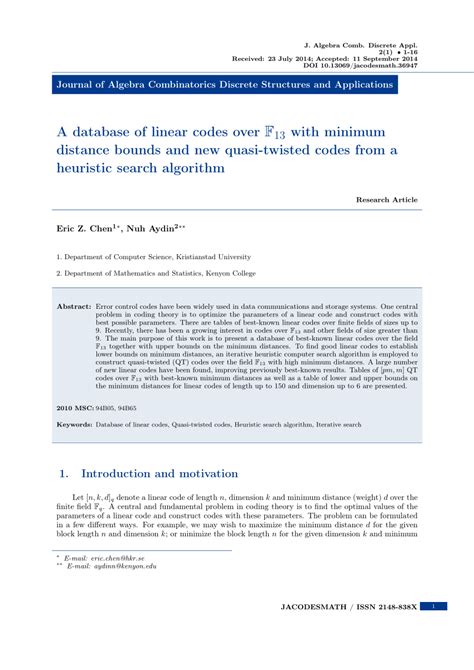 Pdf A Database Of Linear Codes Over F13 With Minimum Distance Bounds