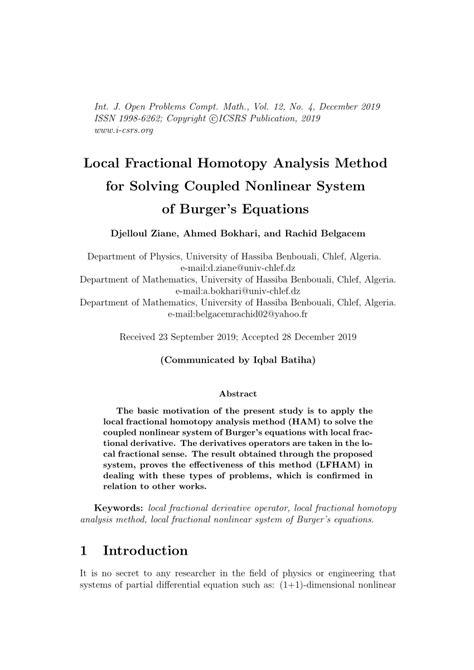 Pdf Local Fractional Homotopy Analysis Method For Solving Coupled Nonlinear System Of Burgers