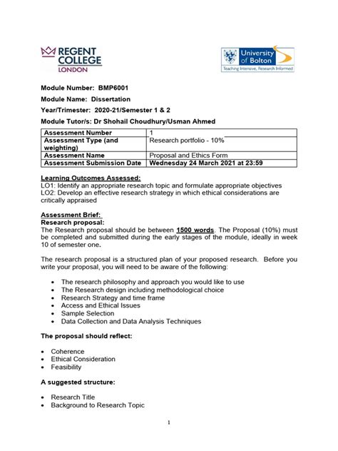 Bmp6001 Dissertation Assessment 1 Brief Research Proposal Pdf