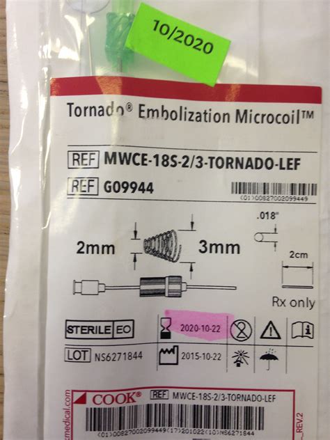 New Cook G09944 Tornado Embolization Microcoil 2mm 3mm 018in X