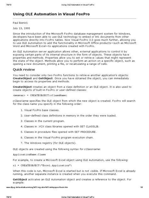 Using Ole Automation In Visual Foxpro Pdf Class Computer Programming Visual Basic For