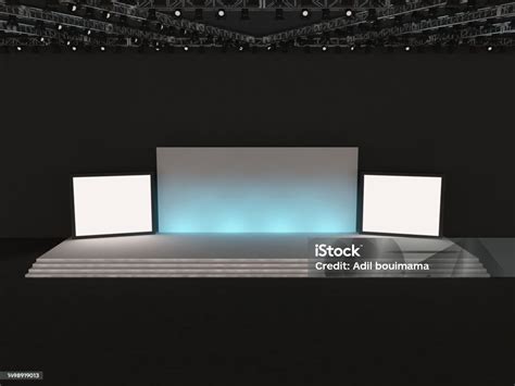 이벤트 빈 무대 전면 보기입니다 프로젝션을 위한 직사각형 스크린과 2개의 측면 정사각형 Led 스크린 및 천장 스포트라이트 시스템이 있습니다 홀의 플랫폼 요소 3d 렌더링