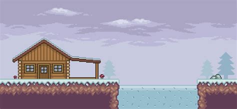 Pixel Art Game Scene In Snow With Wood House Pine Trees Frozen Lake Clouds And 8bit