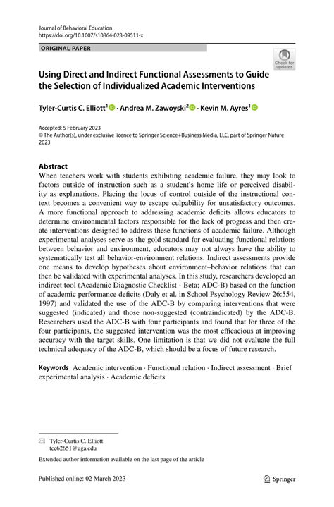 Pdf Using Direct And Indirect Functional Assessments To Guide The Selection Of Individualized
