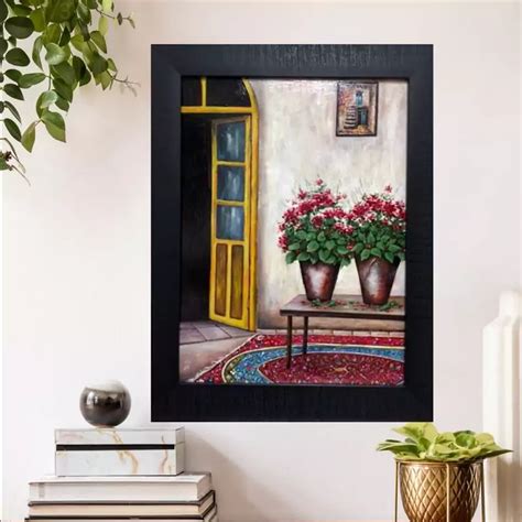 خرید و قیمت نقاشی رنگ روغن روی تخته سه لا خانه قدیمی گلدان روی میز