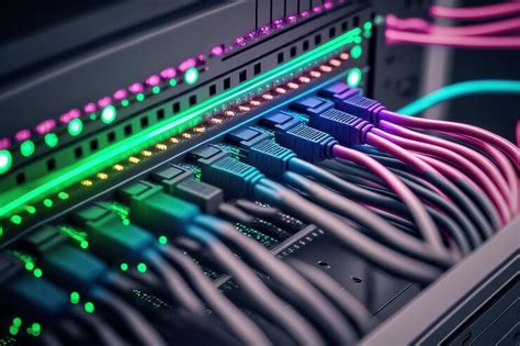 데이터 센터 클라우드 스토리지에 연결된 이더넷 케이블이 있는 인터넷 네트워크 스위치 generative ai 프리미엄 사진